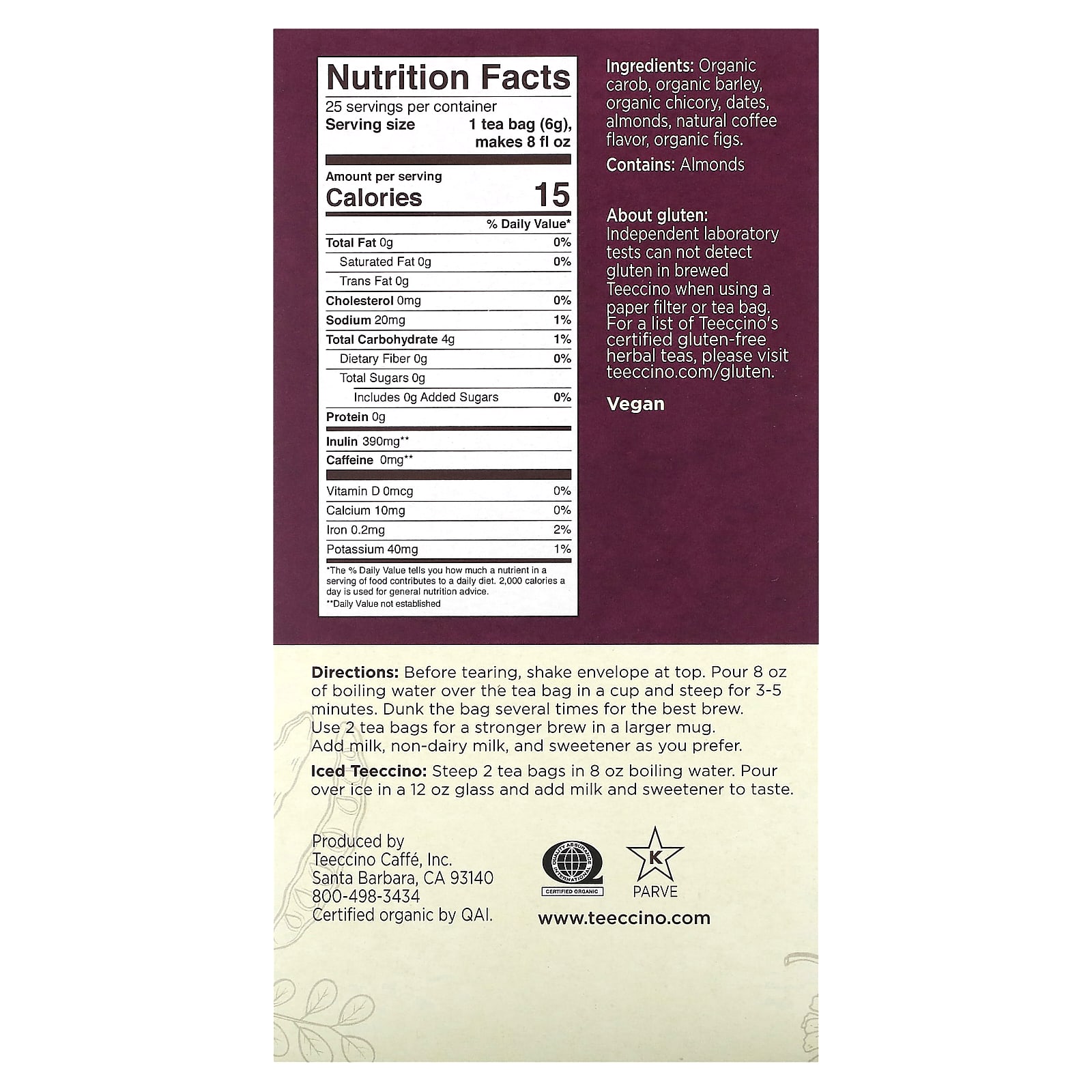 Teeccino, Roasted Herbal Tea, Java, Caffeine Free, 25 Tea Bags, 5.3 oz ...