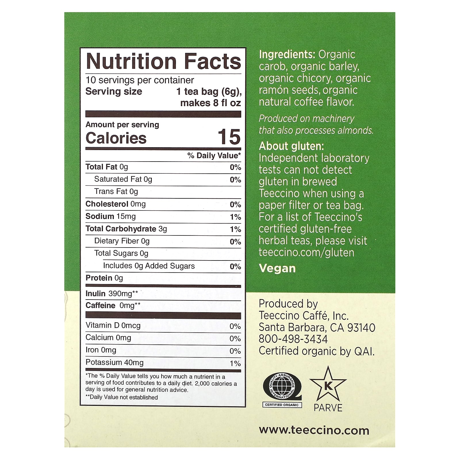 Teeccino, Organic Roasted Herbal Tea, French Roast, Caffeine Free, 10 ...