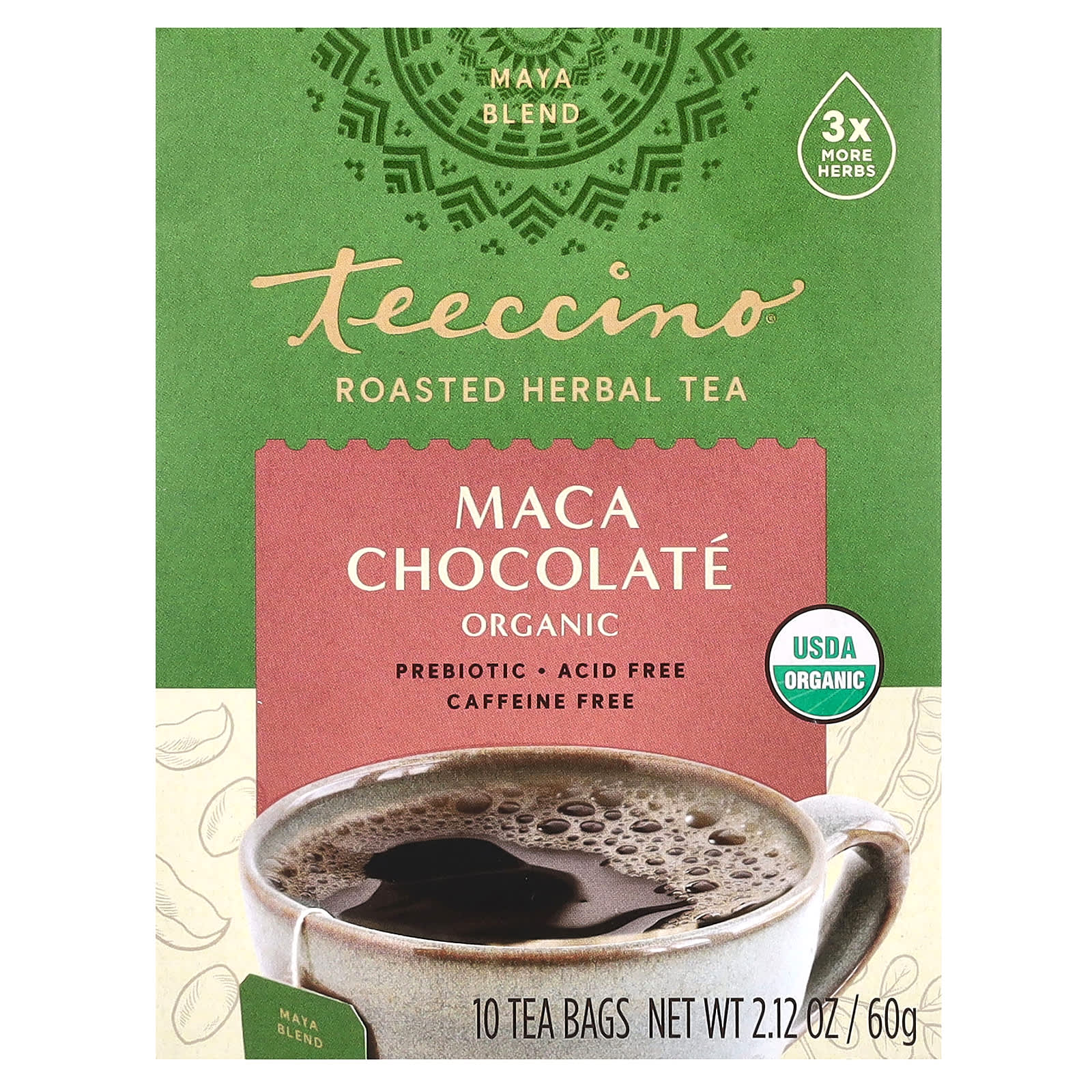 Teeccino, Organic Roasted Herbal Tea, Maca Chocolate, Caffeine Free, 10 ...