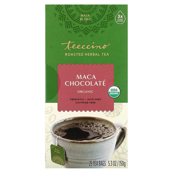 Teeccino, Organic Roasted Herbal Tea, Maca Chocolate, Caffeine Free, 25 ...