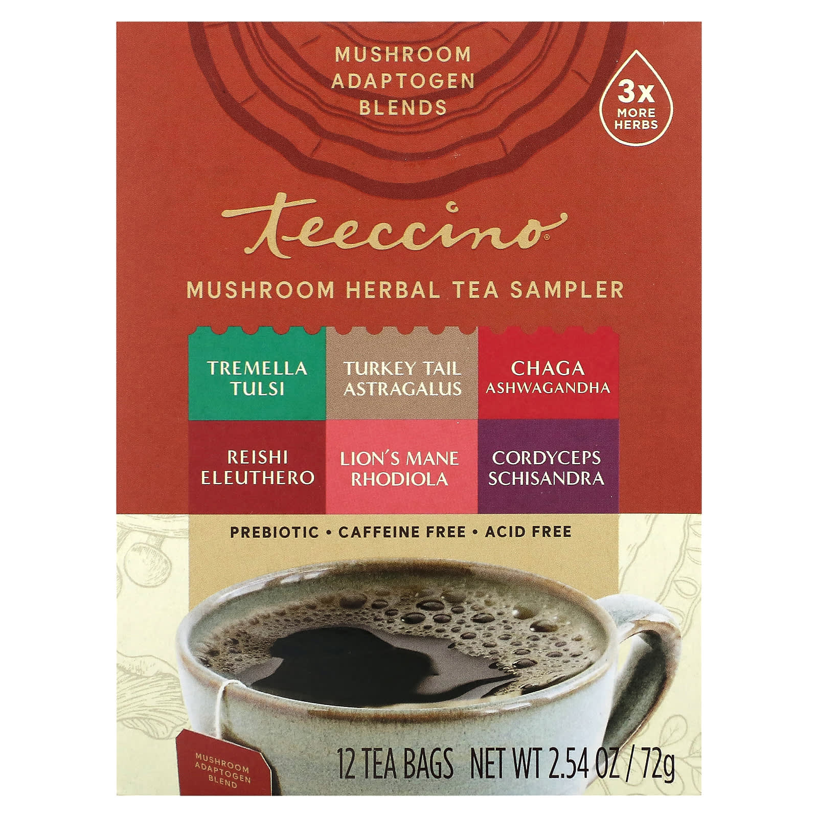 Teeccino, Mushroom Herbal Tea Sampler, 6 Flavors, Caffeine Free, 12 Tea ...