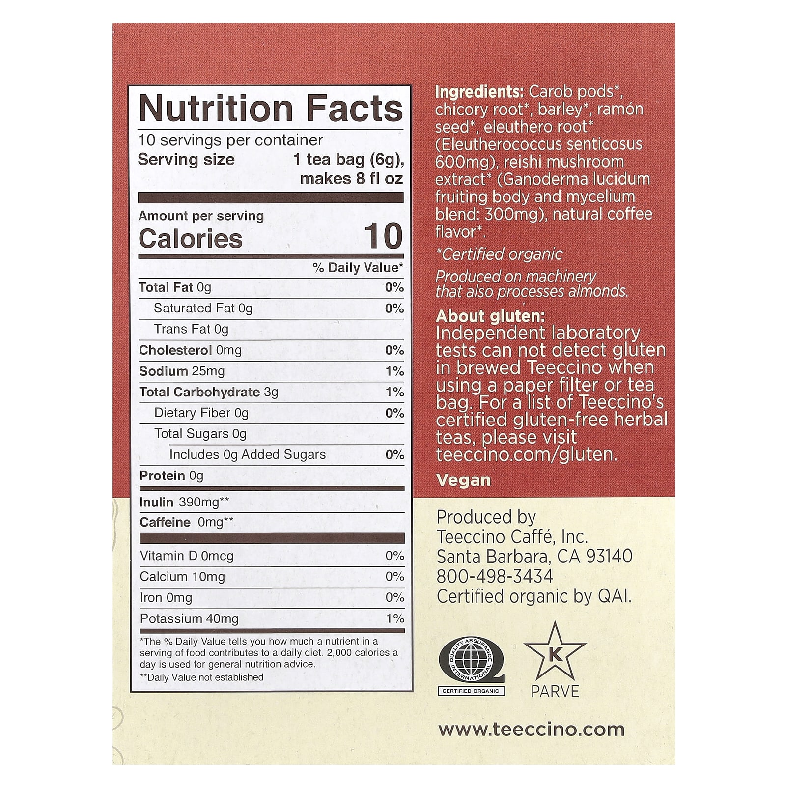 Teeccino, Mushroom Herbal Tea, Reishi Eleuthero, French Roast, Caffeine ...