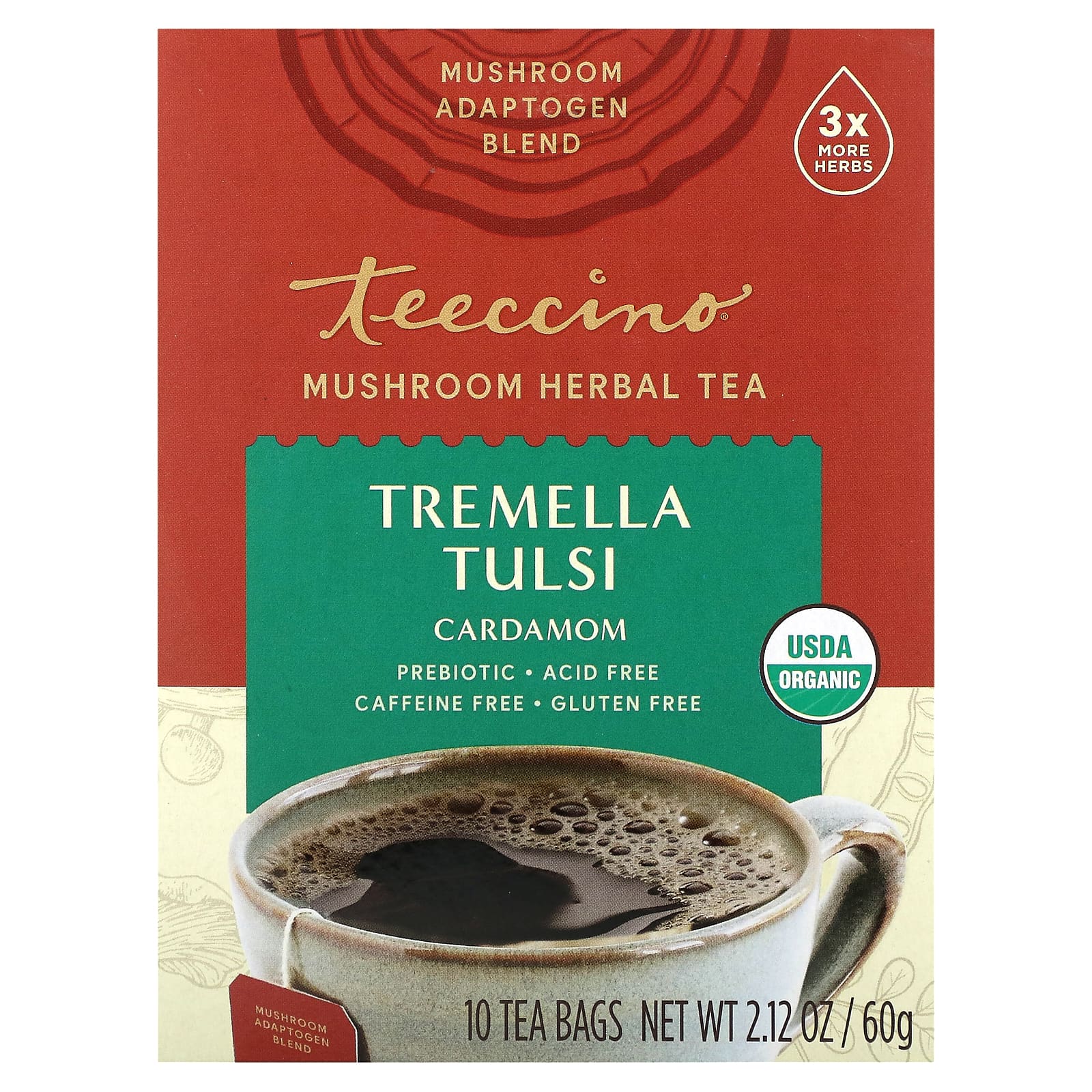 Teeccino, Mushroom Herbal Tea, Tremella Tulsi, Cardamom, Caffeine Free ...
