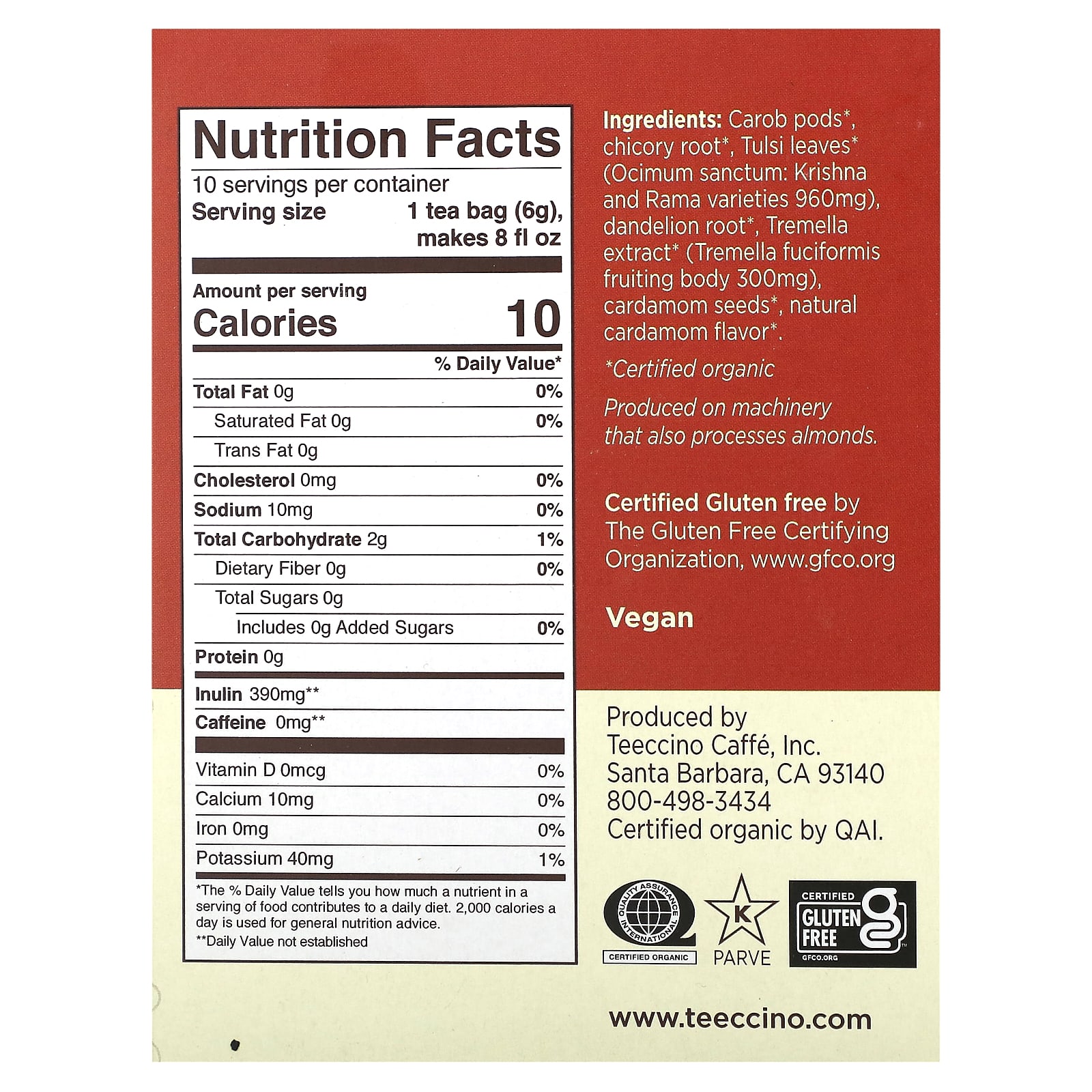 Teeccino, Mushroom Herbal Tea, Tremella Tulsi, Cardamom, Caffeine Free ...