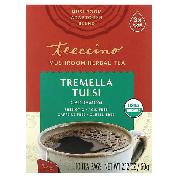 Teeccino, Mushroom Herbal Tea, Tremella Tulsi, Cardamom, Caffeine Free ...