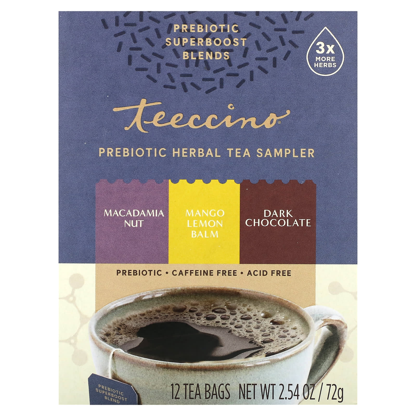 Teeccino, Prebiotic Herbal Tea Sampler, 3 Flavors, Caffeine Free, 12 ...