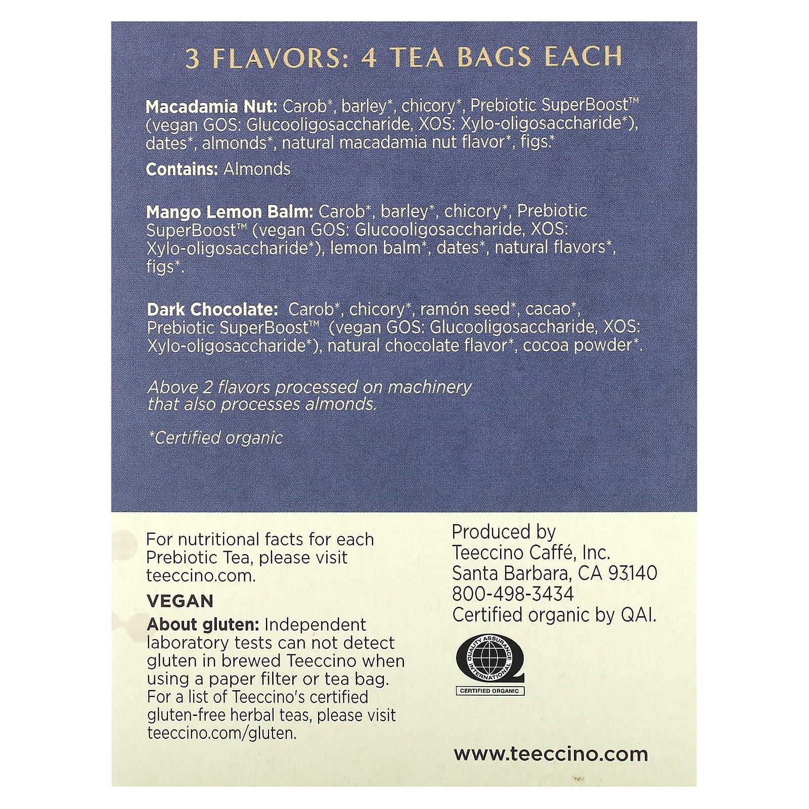 Teeccino, Prebiotic Herbal Tea Sampler, 3 Flavors, Caffeine Free, 12 ...