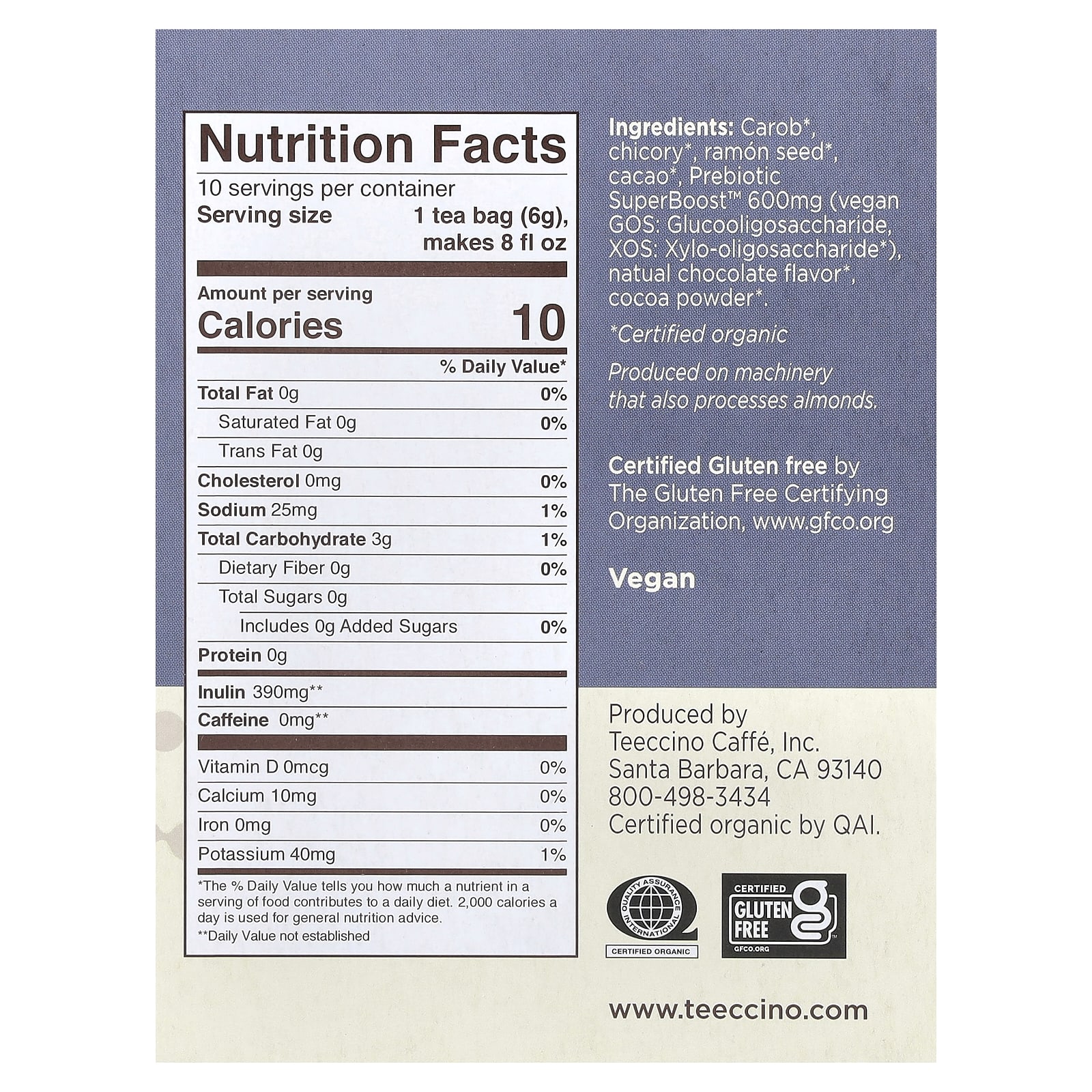 Teeccino, Prebiotic Herbal Tea, Dark Chocolate, Caffeine Free, 10 Tea ...