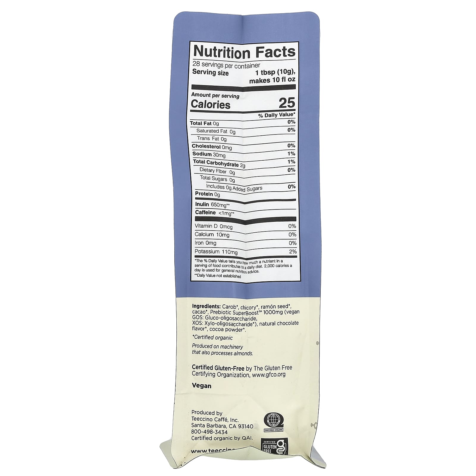 Teeccino, Prebiotic Herbal Coffee, Dark Chocolate, Dark Roast, Caffeine ...