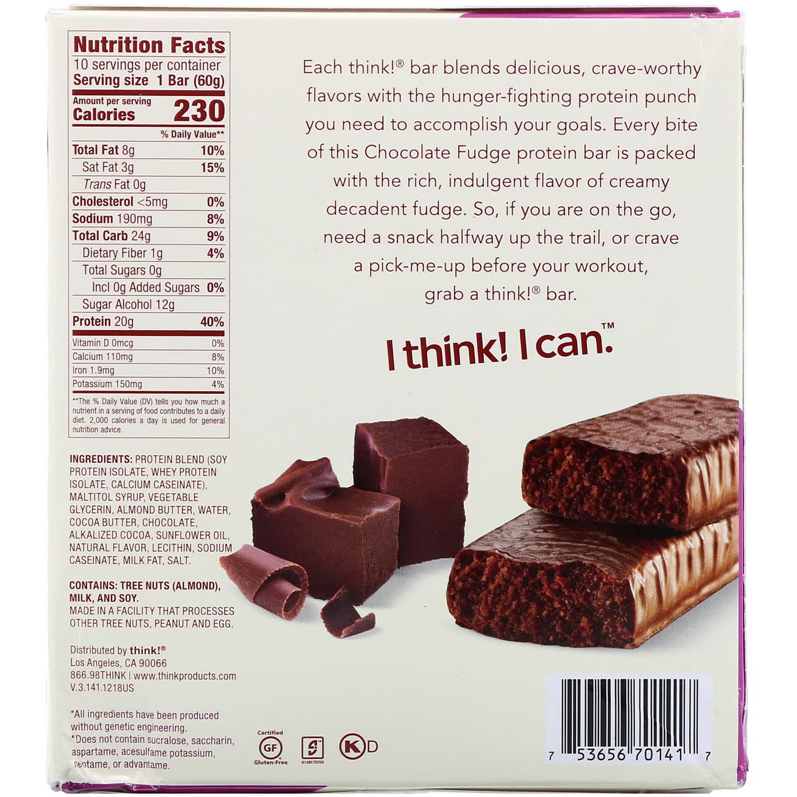 Think !, High Protein Bars, Chocolate Fudge, 10 Bars, 2.1 oz (60 g) Each