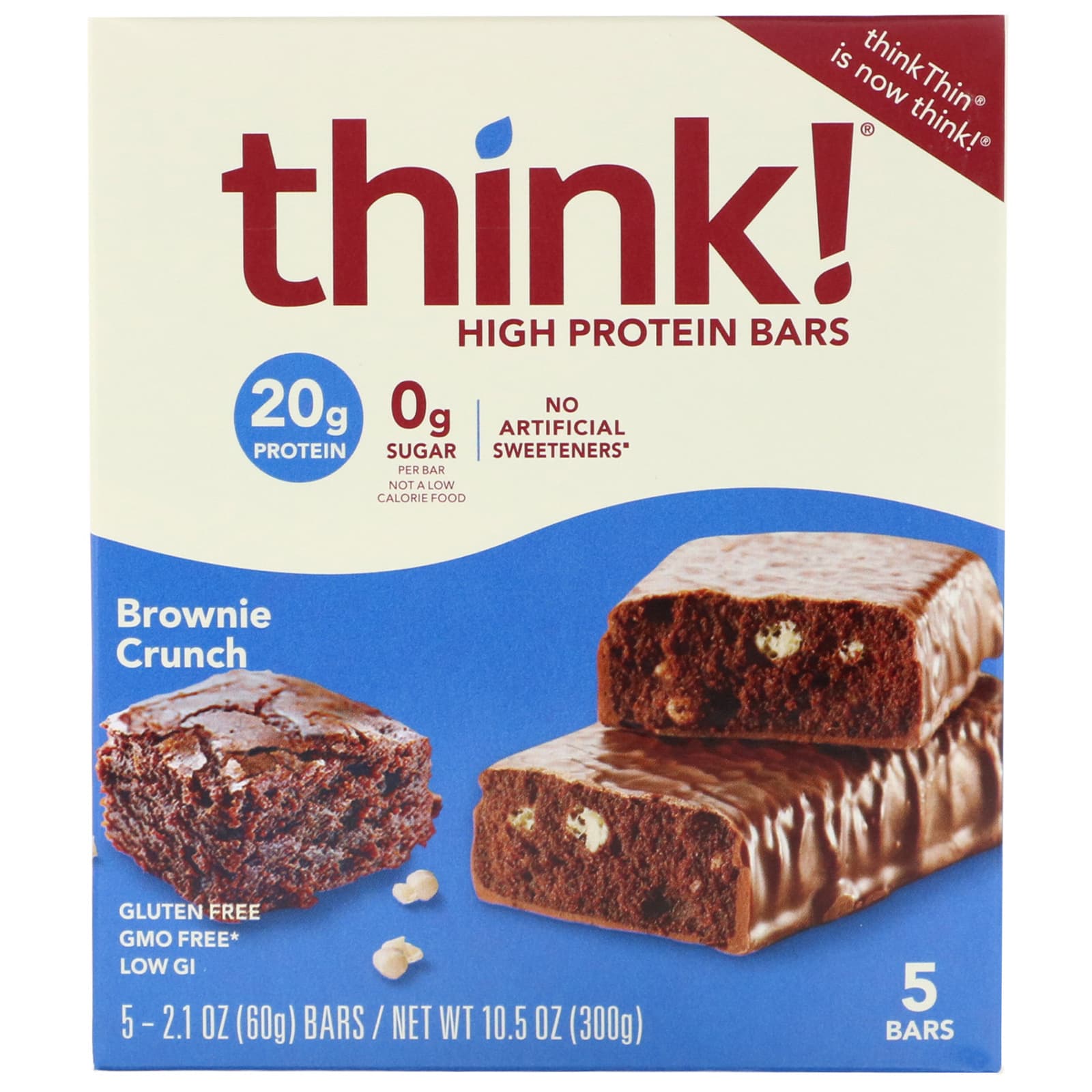 Think !, High Protein Bars, Brownie Crunch, 5 Bars, 2.1 oz (60 g) Each