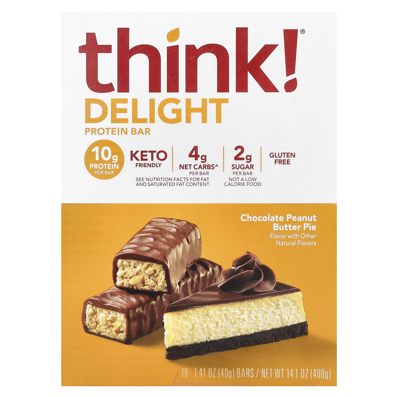 Think !, Delight Protein Bar, Chocolate Peanut Butter Pie , 10 Bars, 1. ...