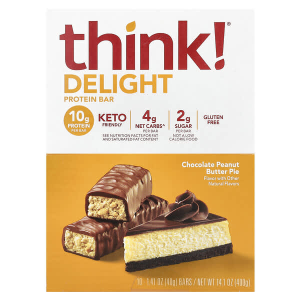Think !, Delight Protein Bar, Chocolate Peanut Butter Pie , 10 Bars, 1. ...