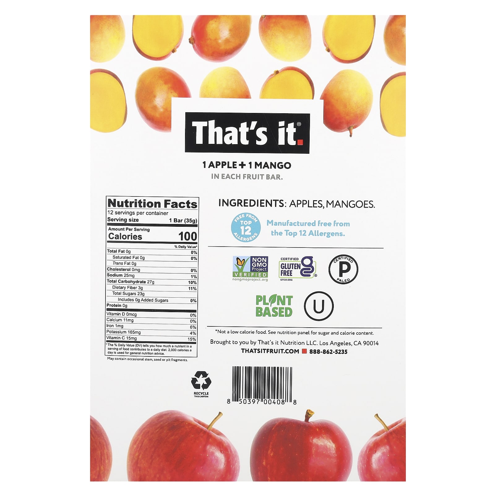 That's It, Fruit Bars, Apple + Mangoes, 12 Bars, 1.2 oz (35 g) Each