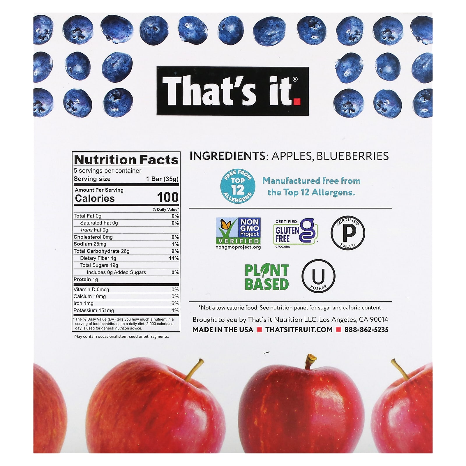 That's It, Fruit Bar, Apple + Blueberries, 5 Fruit Bars, 1.2 oz (35 g) Each