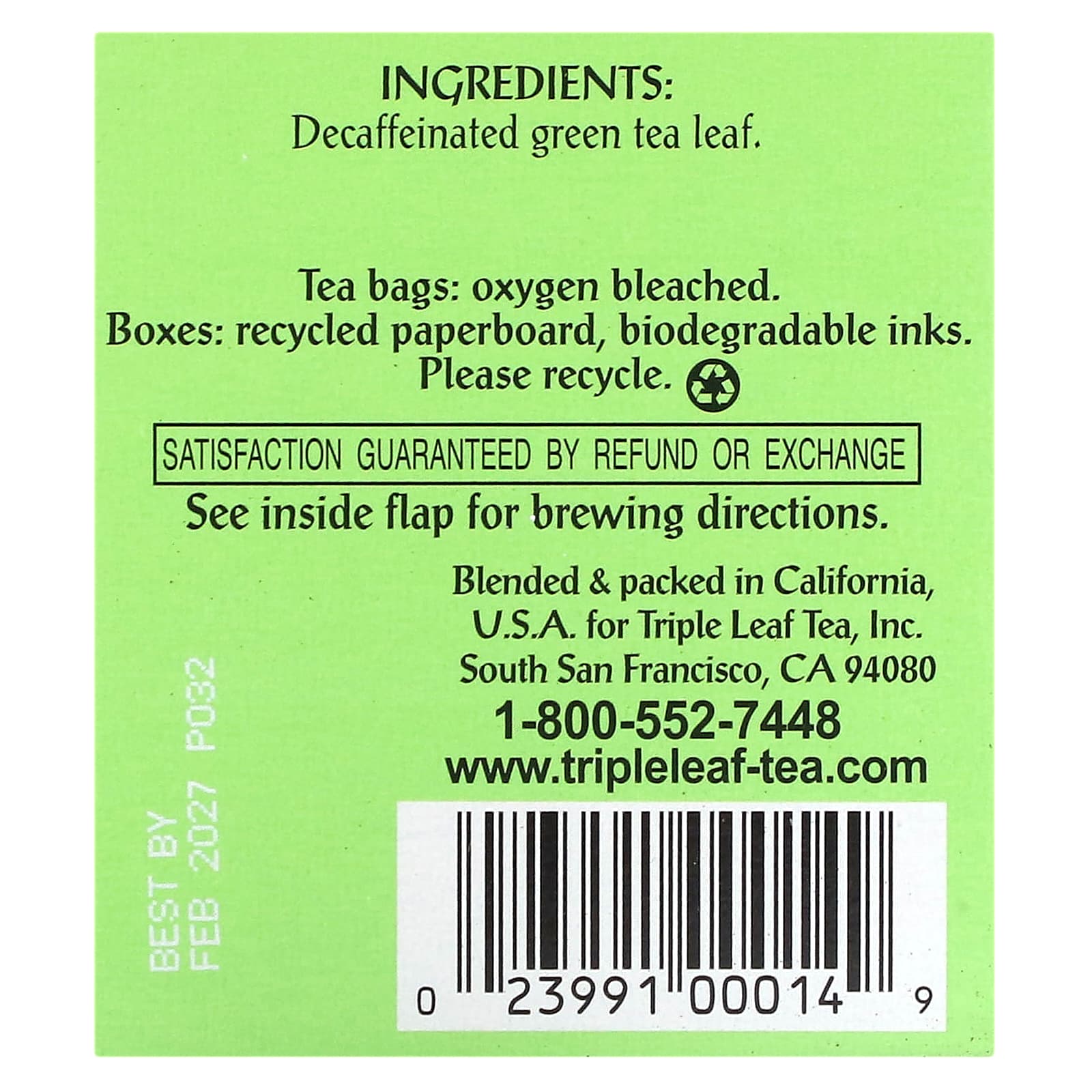 Triple Leaf Tea, Decaf Green Tea, 20 Tea Bags, 1.34 oz (38 g)