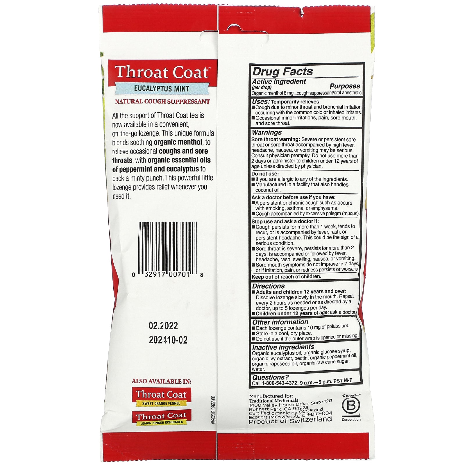 Traditional Medicinals, Organic Throat Coat Drops, Eucalyptus Mint, 16 ...