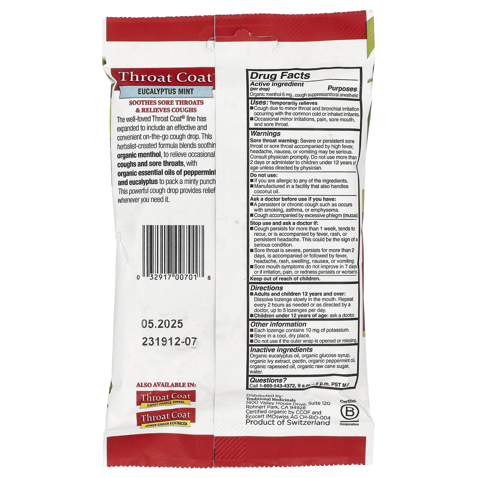 Traditional Medicinals, Organic Throat Coat Drops, Eucalyptus Mint, 16 ...