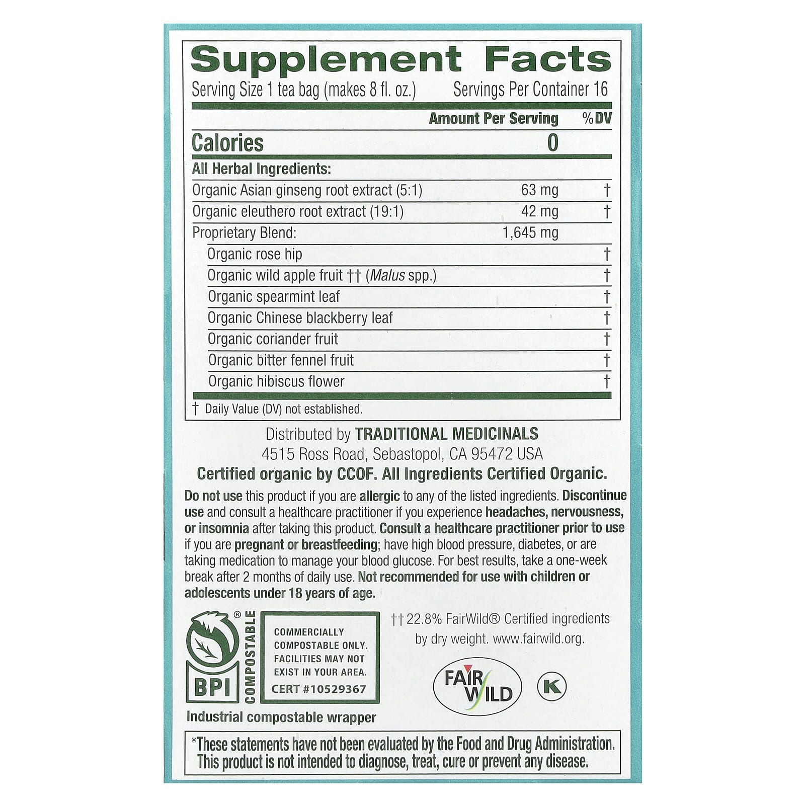 Traditional Medicinals, Organic Stress Ease Focus, Ginseng Wild Apple ...