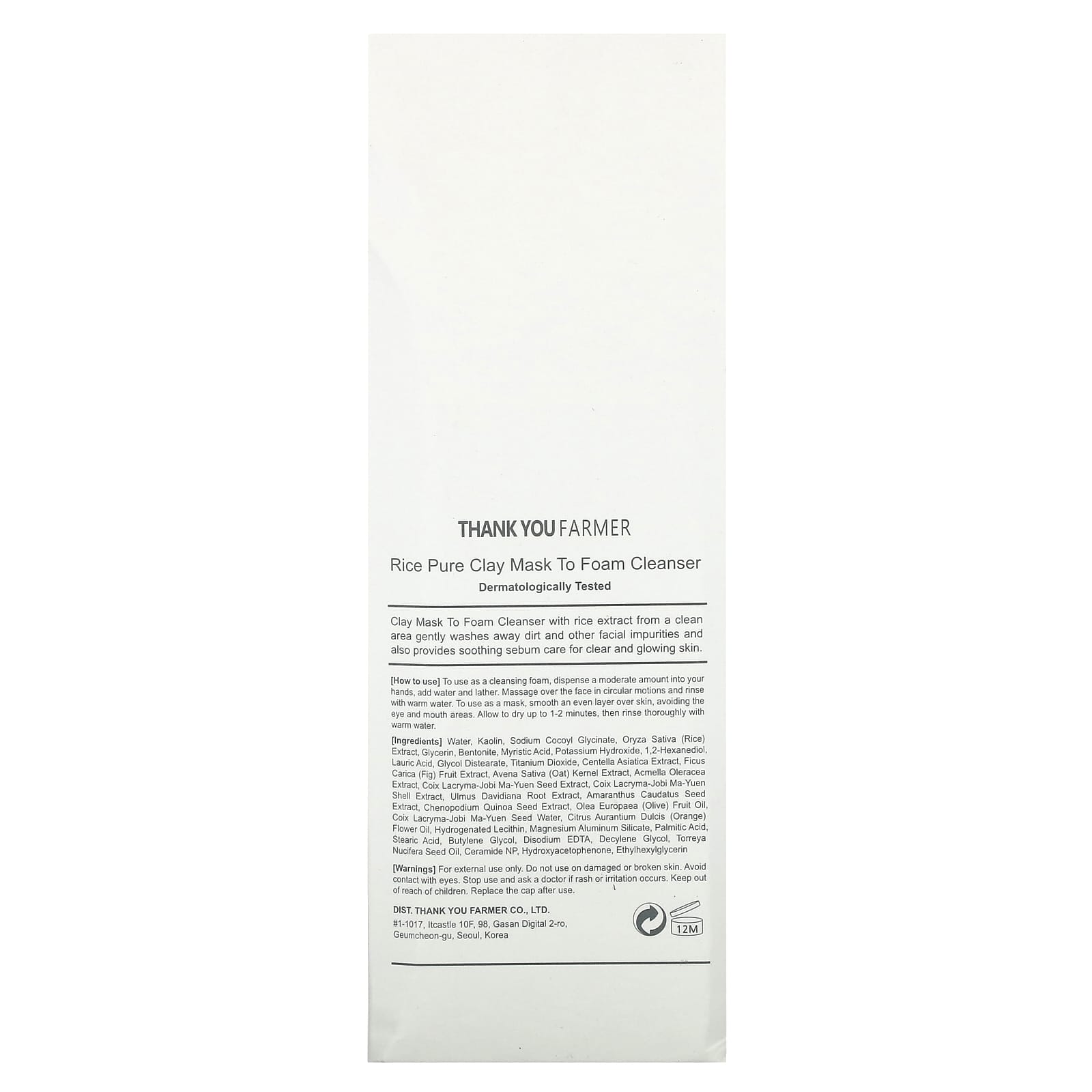 Thank You Farmer, Rice, Pure Clay Mask To Foam Cleanser, 5.27 fl oz ...