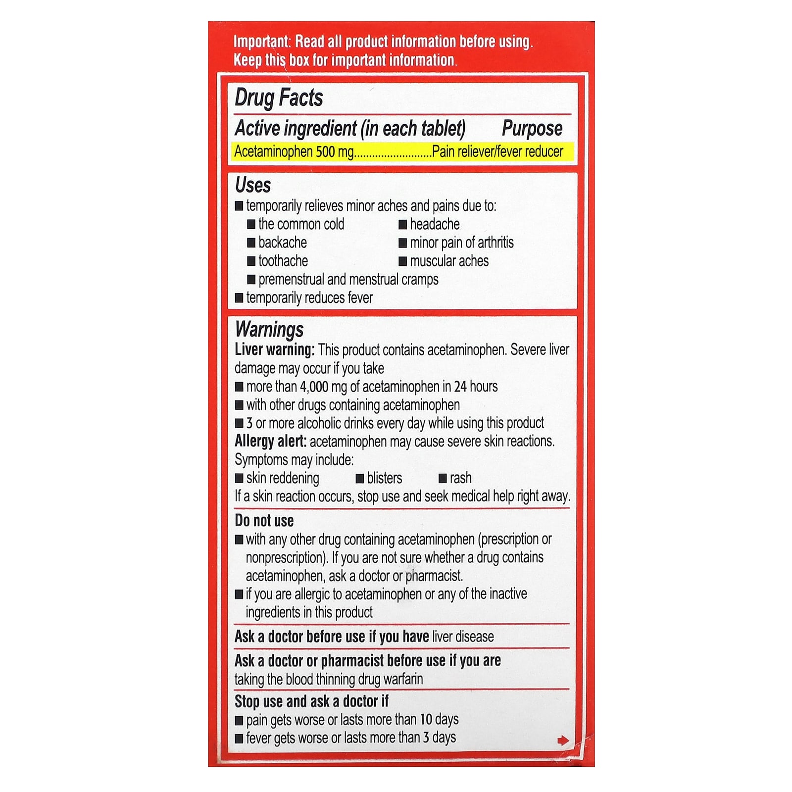 Tylenol Extra Strength Acetaminophen For Adults 500 Mg 100 Coated Tablets