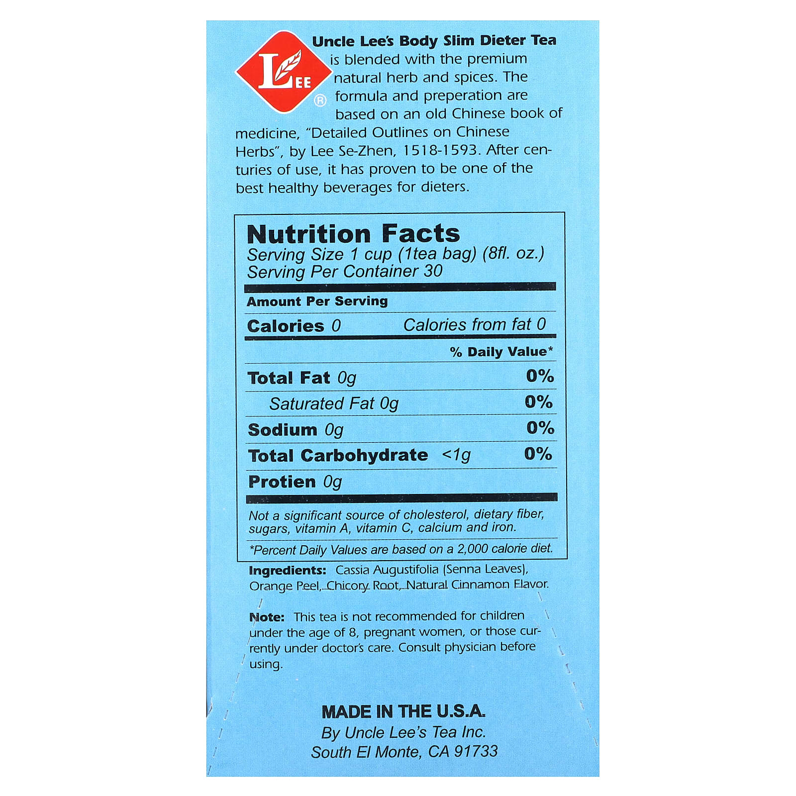 Uncle Lee's Tea, Body Slim Dieter Tea, Cinnamon, Caffeine Free, 30 Tea ...