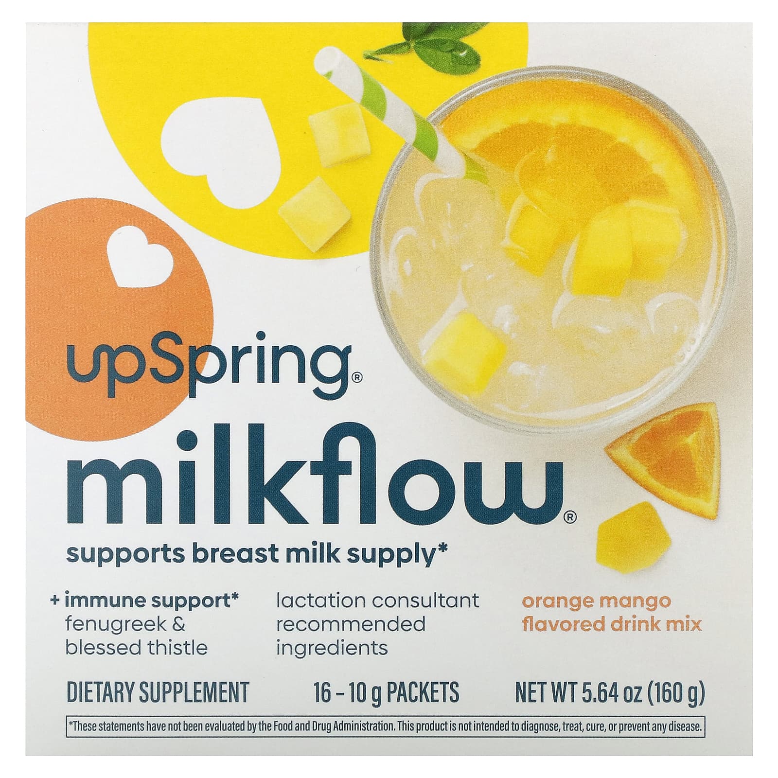 UpSpring, Milkflow 드링크 믹스, 오렌지 망고, 16팩, 팩당 10g