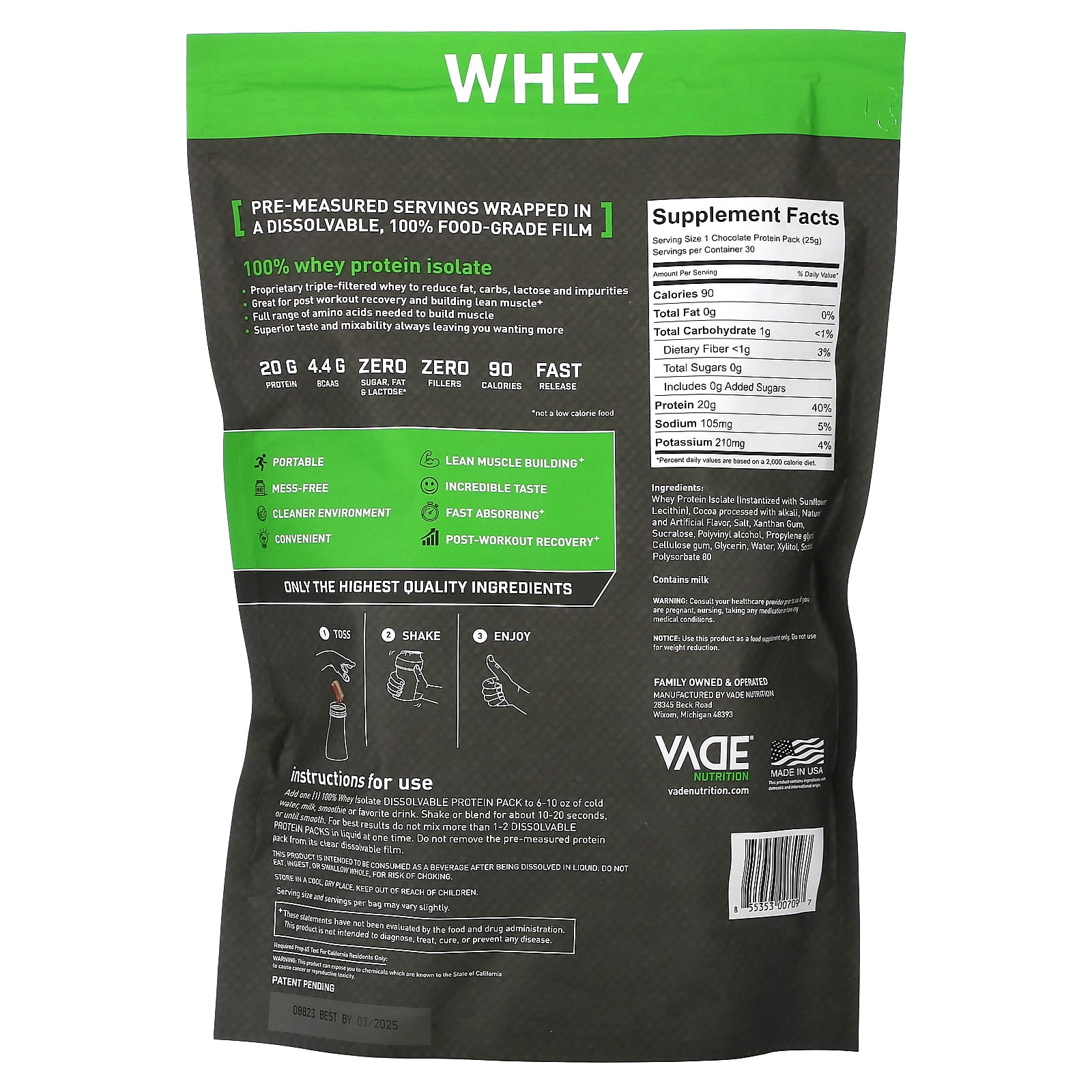 Vade Nutrition, Dissolvable Protein Packs, 100% Whey Isolate, Chocolate ...