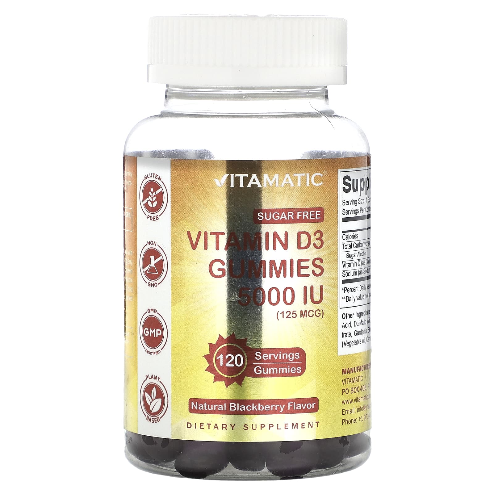 Vitamatic, Sugar Free Vitamin D3 Gummies, Natural Blackberry, 125 mcg ...