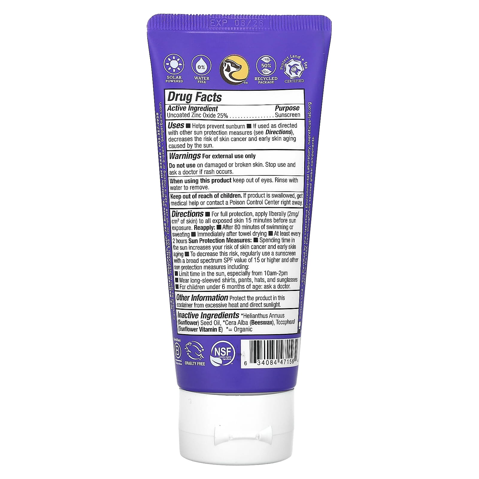 Badger, Adventure, Mineral Sunscreen Cream, SPF 50, Unscented, 2.9 fl ...