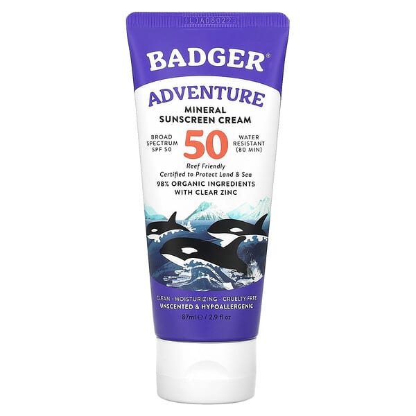 Badger, Adventure, Mineral Sunscreen Cream, SPF 50, Unscented, 2.9 fl ...