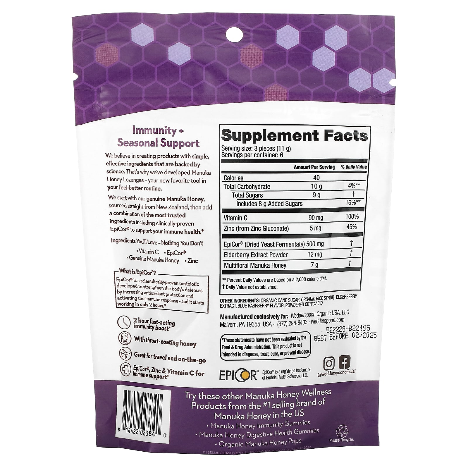 Wedderspoon, マヌカハニーのどあめ、エルダーベリー、74g（2.6オンス）