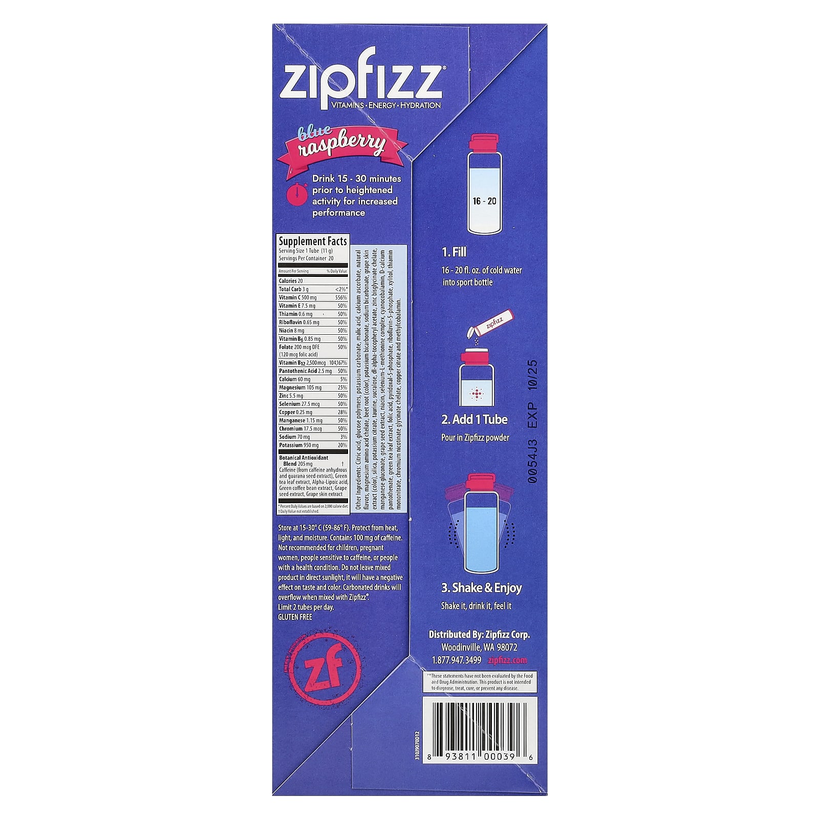 Zipfizz, Energy Drink Mix, Blueberry Raspberry, 20 Tubes, 0.39 oz (11 g ...