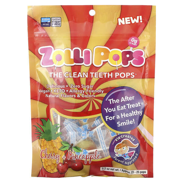 Zollipops, The Clean Teeth Pops, Cherry + Pineapple, Approx. 23-25 Pops ...